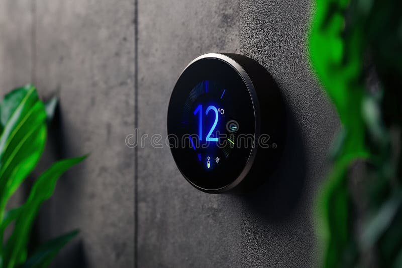 Smart Thermostat Displaying 12 Degrees Celsius on a Textured Gray Wall ...