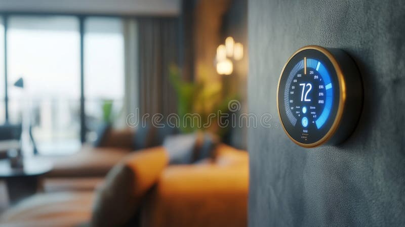 Smart Thermostat Displaying Room Temperature in Modern Home Stock ...