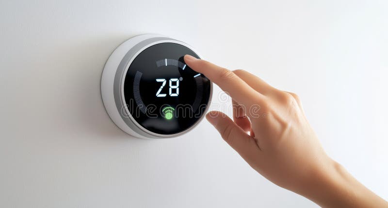 Smart Thermostat with Hand Adjusting Temperature in Modern Home Stock ...