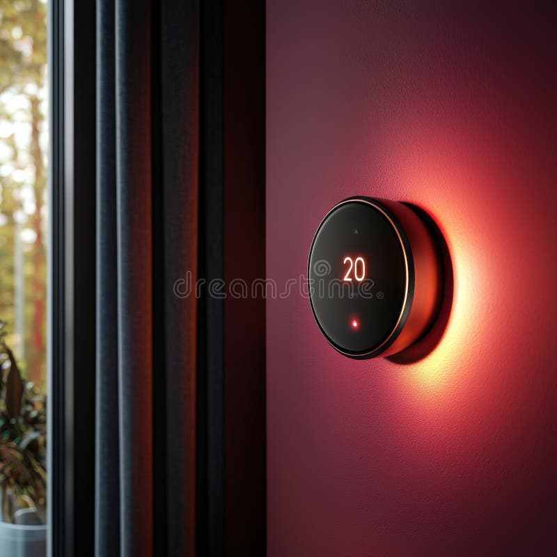 Smart Thermostat Mounted on a Matte Black Wall with Digital Temperature ...