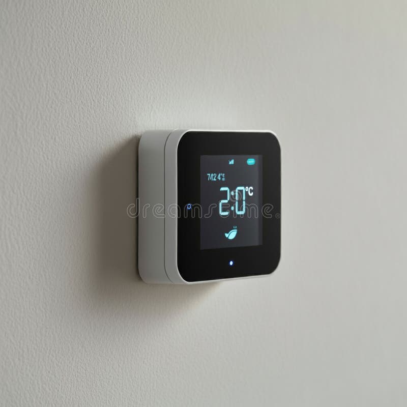 A Smart Thermostat Mounted on a Wall, Featuring a Black Screen with ...