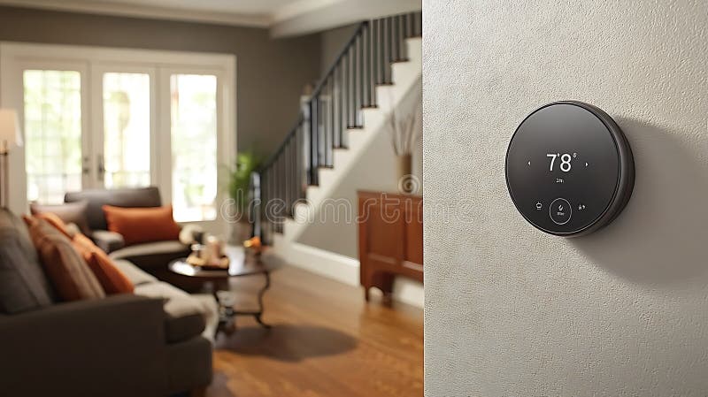 Smart Thermostat on Wall in Modern Living Room Stock Photo - Image of ...