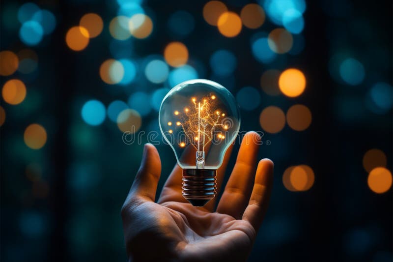 Smart Thinking Concept, Hand Holds a Virtual Lightbulb Amidst Brain ...