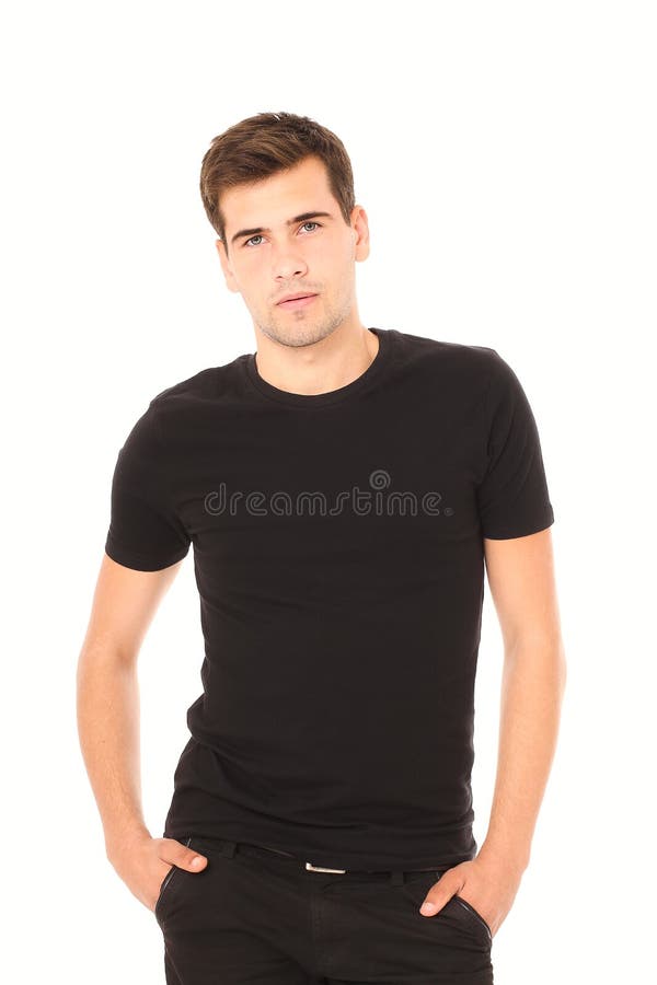 Smart Thinking Young Man in Template Blank Black Shirt Isolated on ...