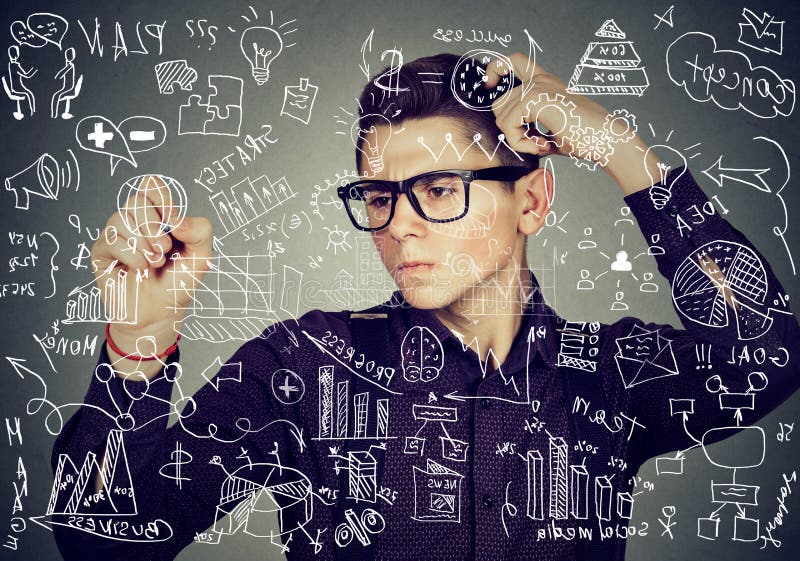 Smart Thoughtful Guy Writing Maths and Science Formulas on Blackboard ...