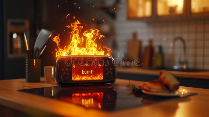 Smart Toaster on Fire with Digital Warning Message Stock Image - Image ...