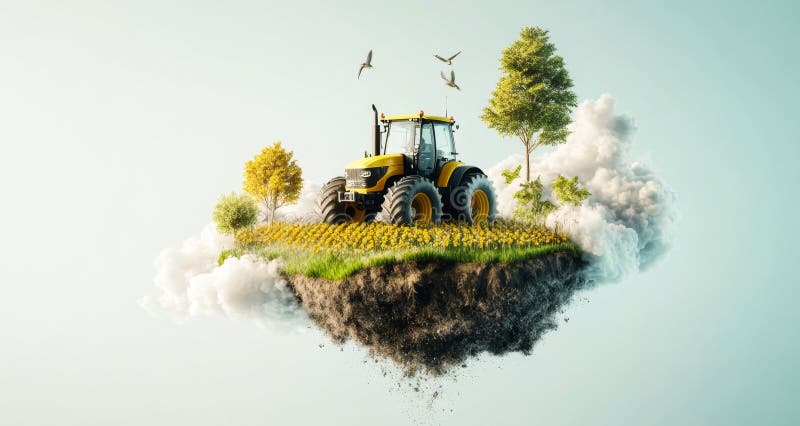 Smart Tractor on Floating Farm with Vibrant Fields and Nature Elements ...