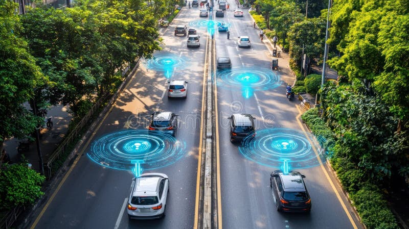 Autonomous Vehicles on Smart City Road with Digital Network Connections Stock Illustration ...