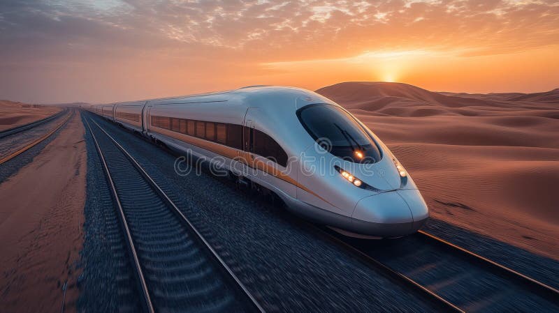Smart Train Travels through Desert Landscape at Sunset Showcasing ...