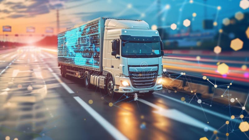 A Smart Truck Driving on a Highway at Sunset, Enhanced with Digital ...