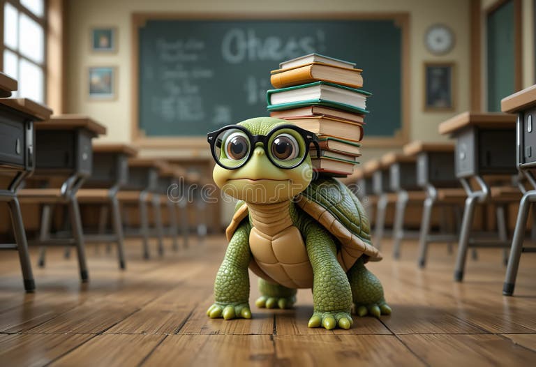 Smart Turtle in Classroom with Books Stock Illustration - Illustration of green, desk: 383985048