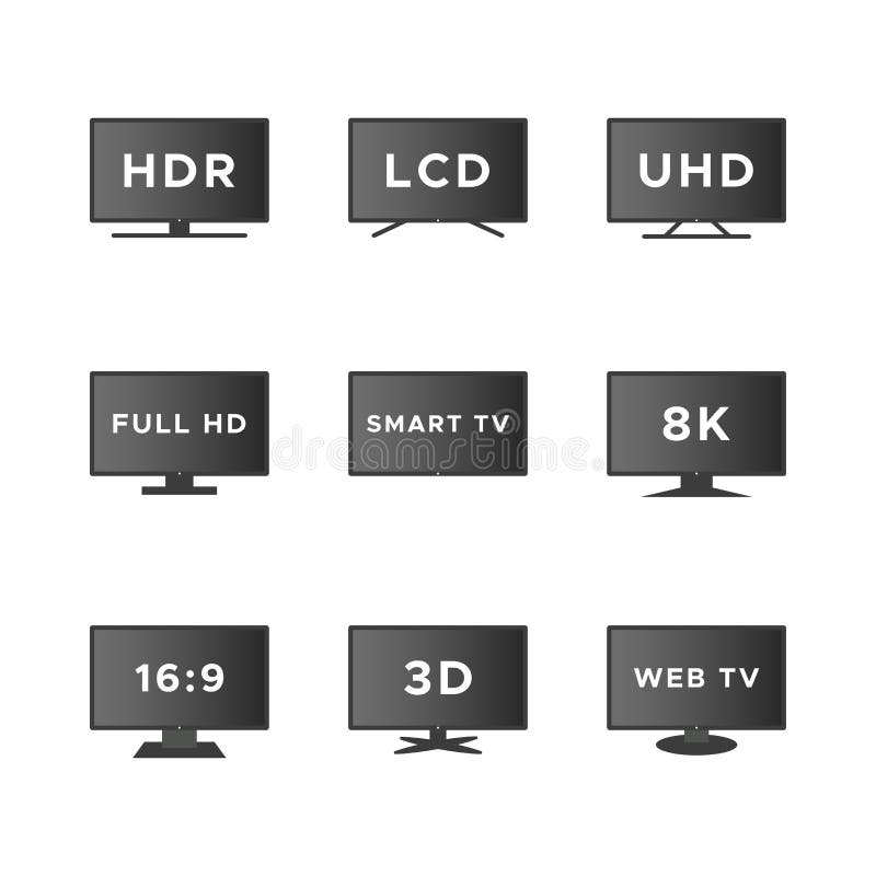 Smart TV Icon Set. Gradient TV Screens Isolated on White Background. Web TV Features: HDR, LCD ...