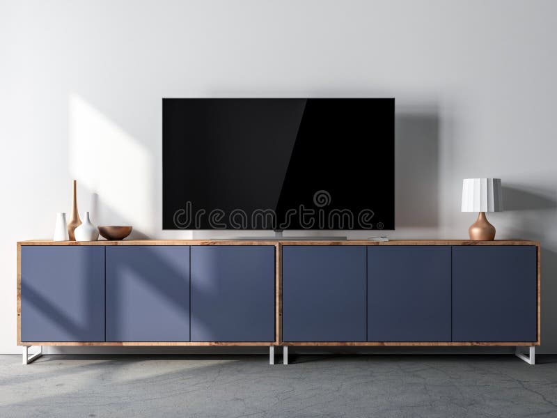 Smart Tv Screen Mockup Standing on Blue Bureau in Modern Interior Stock ...