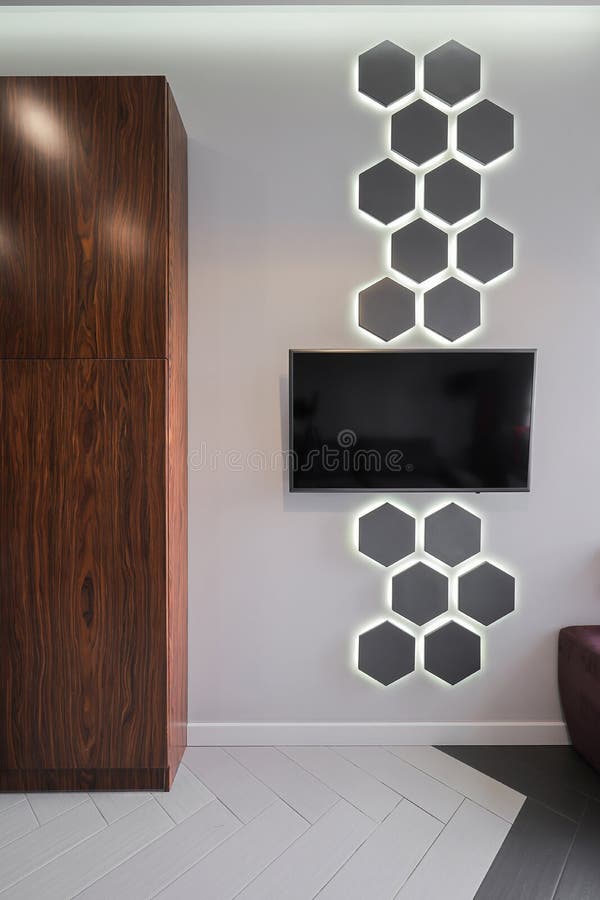 Smart TV on the Wall in Modern Interior Stock Photo - Image of floor ...