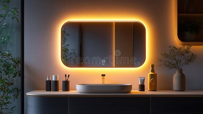Smart Vanity Setup Featuring AI-powered Mirror with Warm Lighting and ...