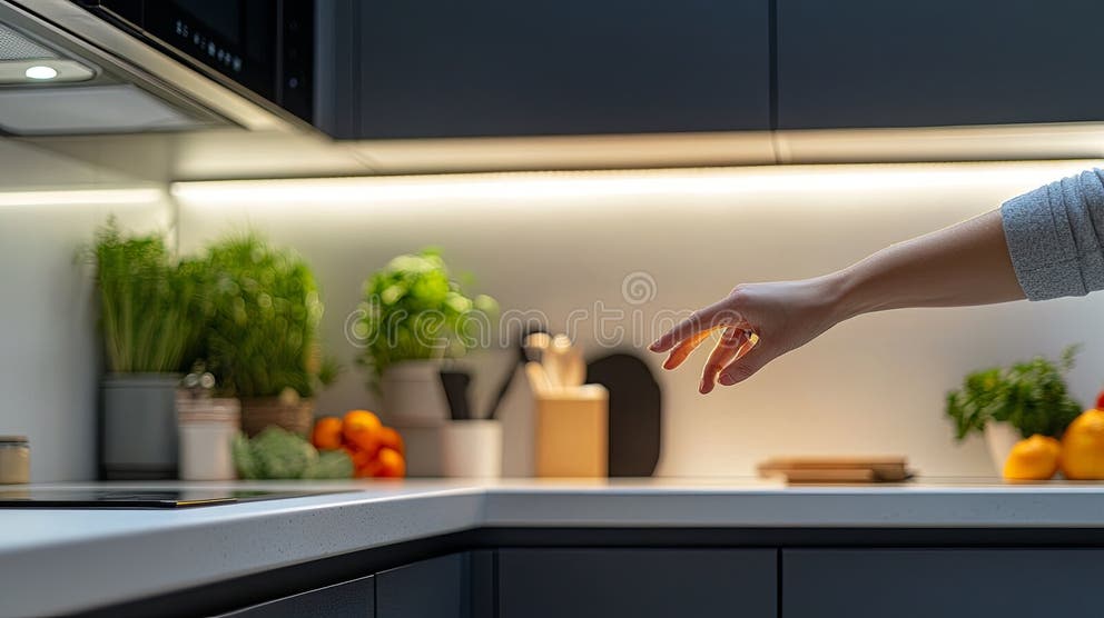 Smart Ventilation Control in Hand, Modern Kitchen . Stock Image - Image ...