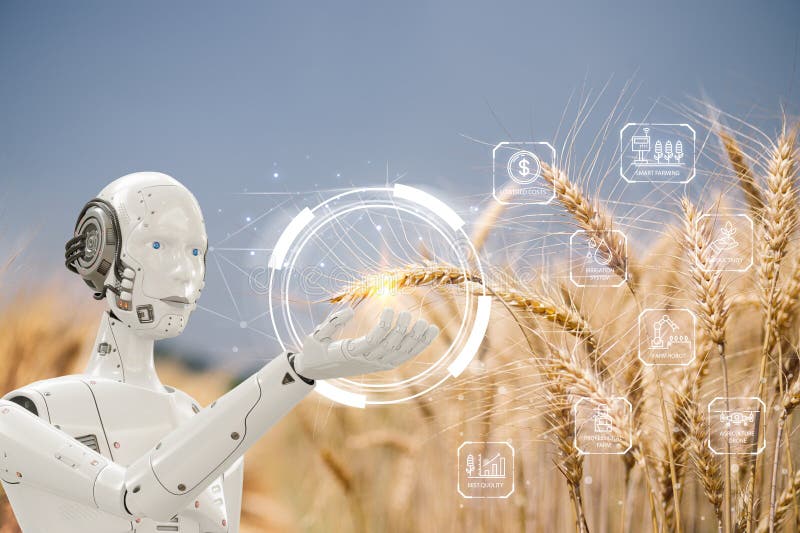 Smart Virtual Artificial Intelligence (AI) Robot is Inspecting a Barley ...