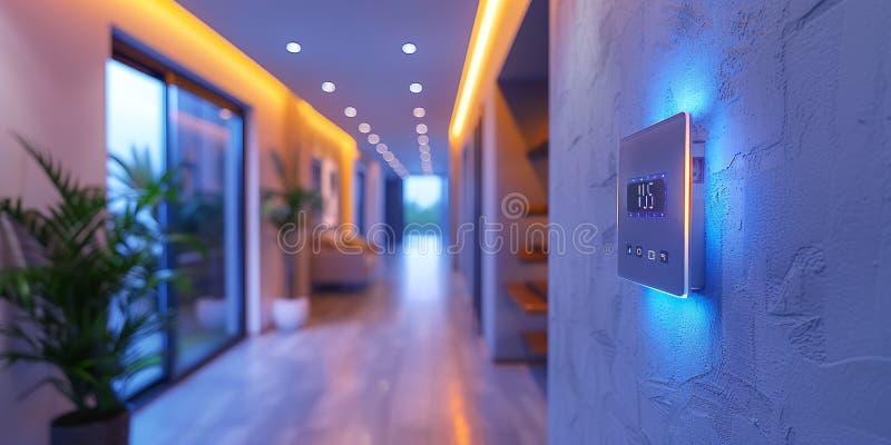 Smart Wall Control Panel with Blue Lighting in a Sleek Modern Hallway ...