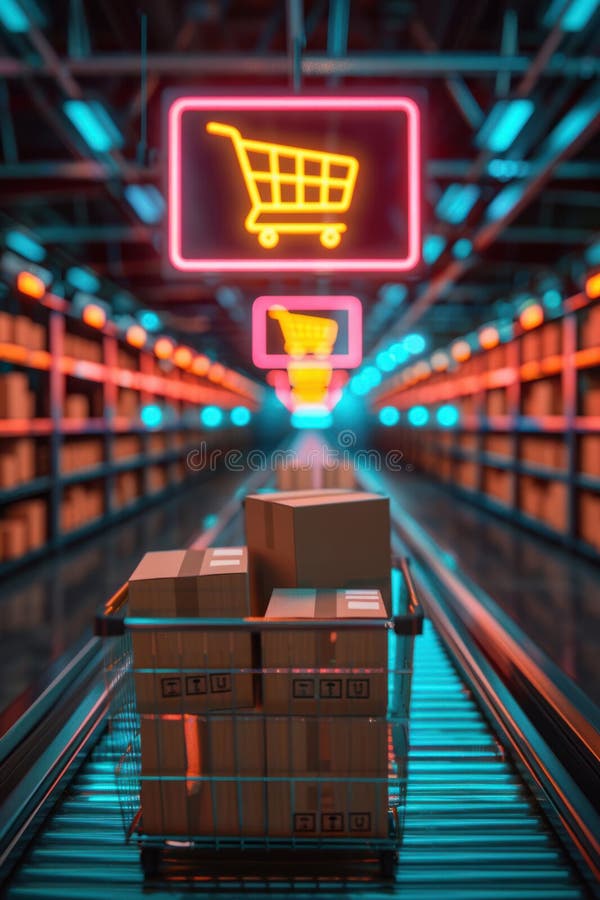 Smart Warehouse Logistic, a Neat Row of Boxes on a Moving Conveyor Belt ...