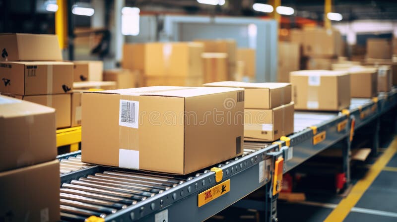 Smart Warehouse Management System Concept.Cardboard Boxes on Conveyor ...