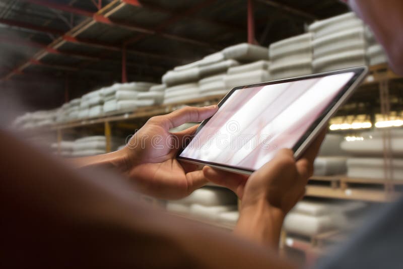 Smart Warehouse Management System. Worker Hands Holding Tablet Stock ...