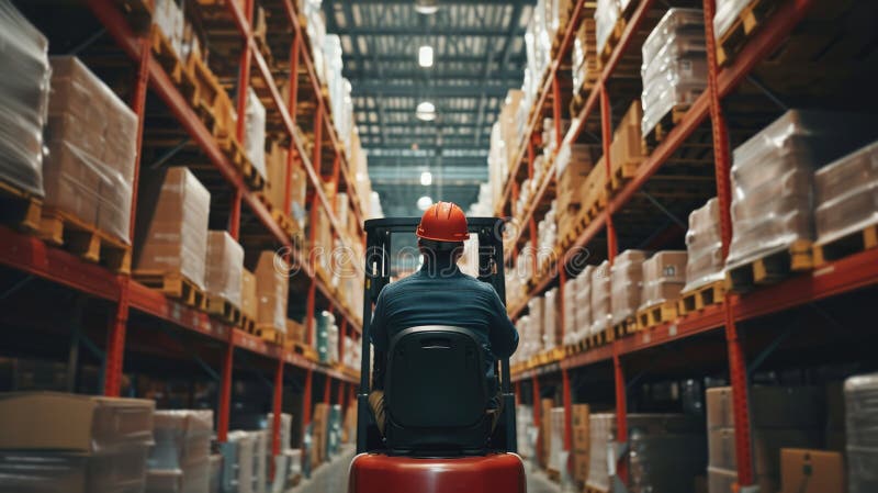 Smart Warehouse Worker Driving Forklift Surrounded with Box at Storage ...