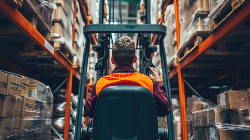 Smart Warehouse Worker Driving Forklift Surrounded with Box at Storage ...