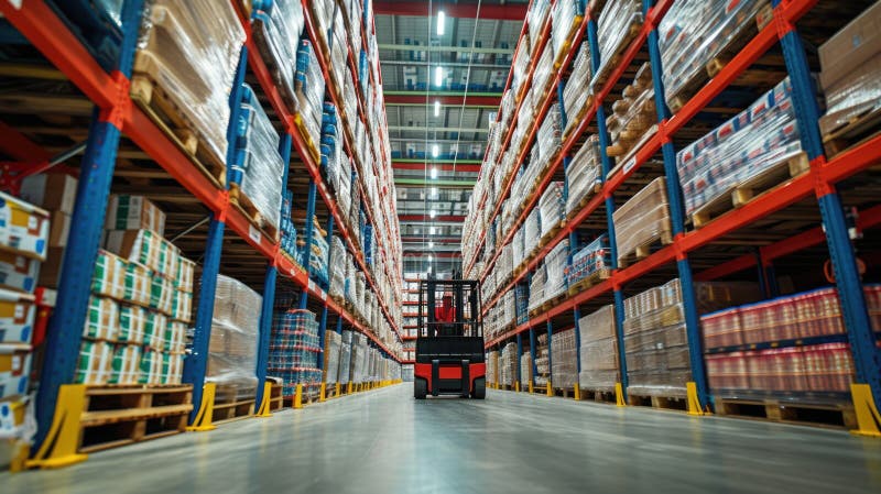 Smart Warehouse Worker Driving Forklift Surrounded with Box at Storage ...