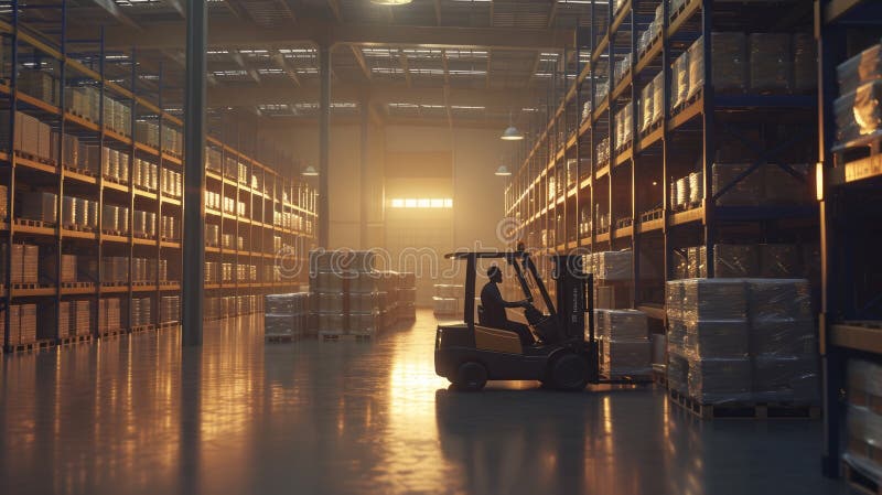 Smart Warehouse Worker Driving Forklift Surrounded with Box at Storage ...