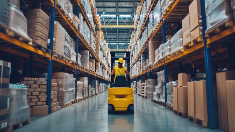 Smart Warehouse Worker Driving Forklift Surrounded with Box at Storage ...