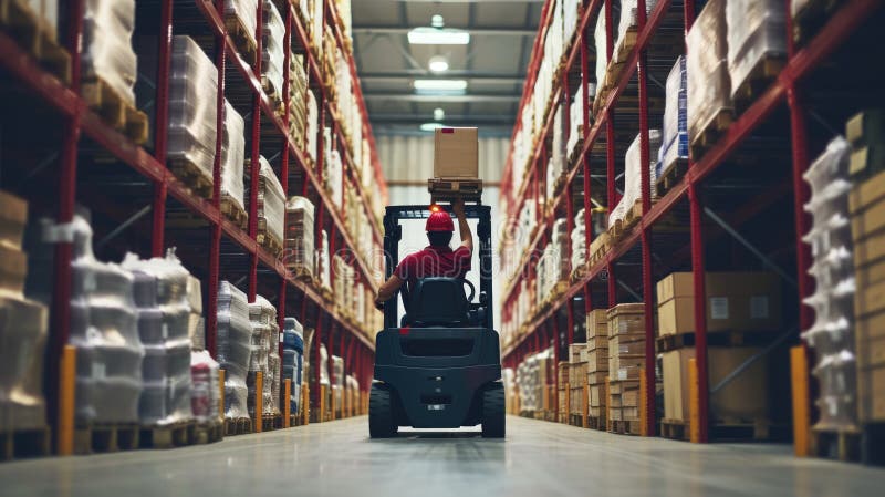 Smart Warehouse Worker Driving Forklift Surrounded with Box at Storage ...
