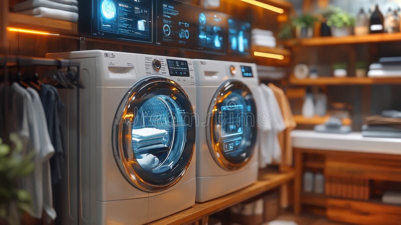 Smart Washing Machine in a Modern Laundry Room with Organized Shelves ...