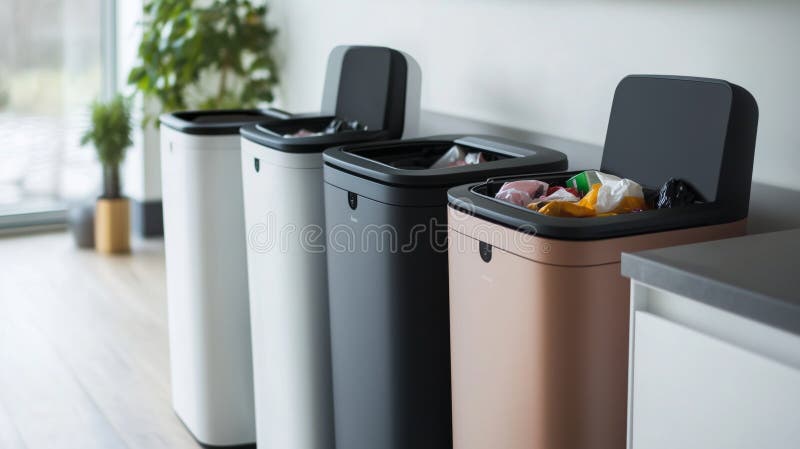 Smart Waste Bins Analyze and Sort Trash Automatically in a Modern Kitchen Setting Stock Photo ...