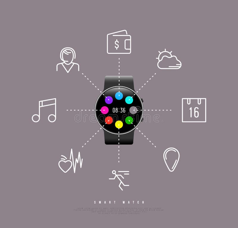 Smart Watch with Circle Display and Icons Stock Vector - Illustration ...