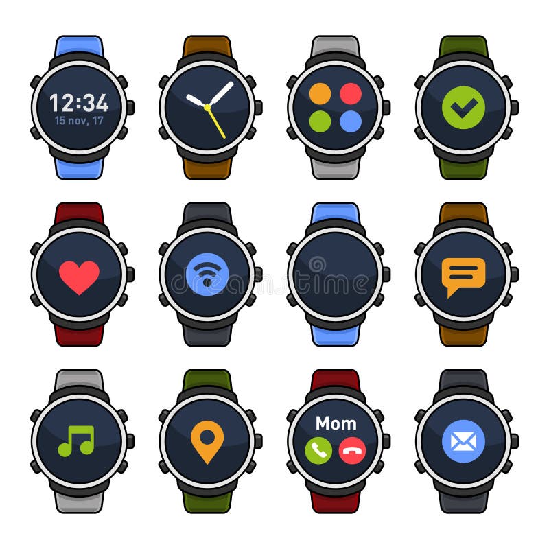 Smart Watch with Different Apps on Screen Icons Set. Vector Stock ...