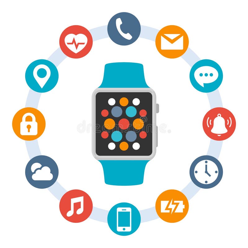 Smart Watch and White Icons in Circles Around it Stock Vector ...