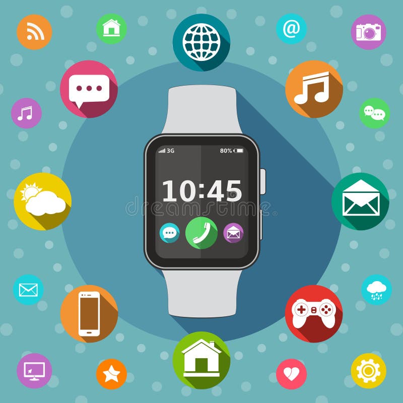 Smart Watch with Icons, Flat Design Concept Stock Vector - Illustration ...