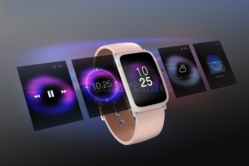 Smart Watch with Multi-layer Interface Layout on Dark Gray Background ...