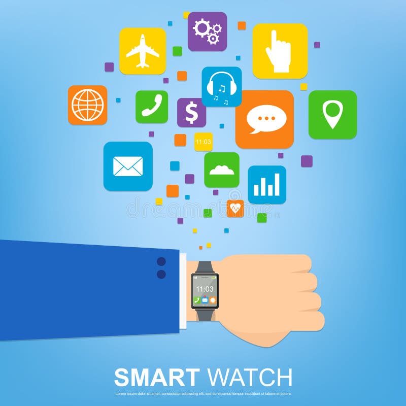 Smart Watch New Technology Electronic Device with Apps Icons Flat ...