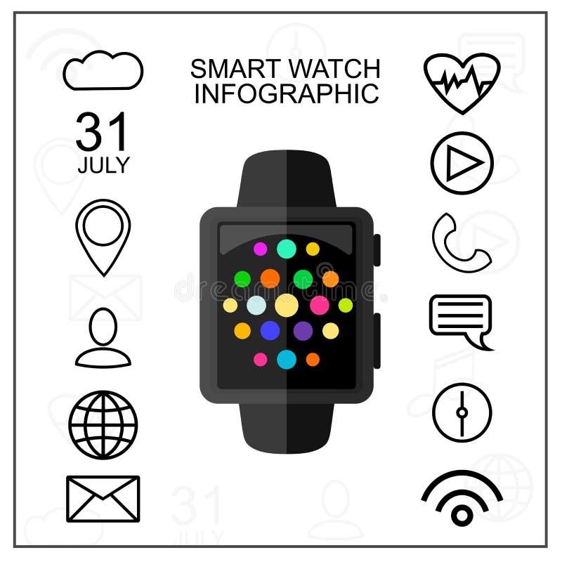 Smart Watch with Interface and App Icons Set. Concept Design Stock ...