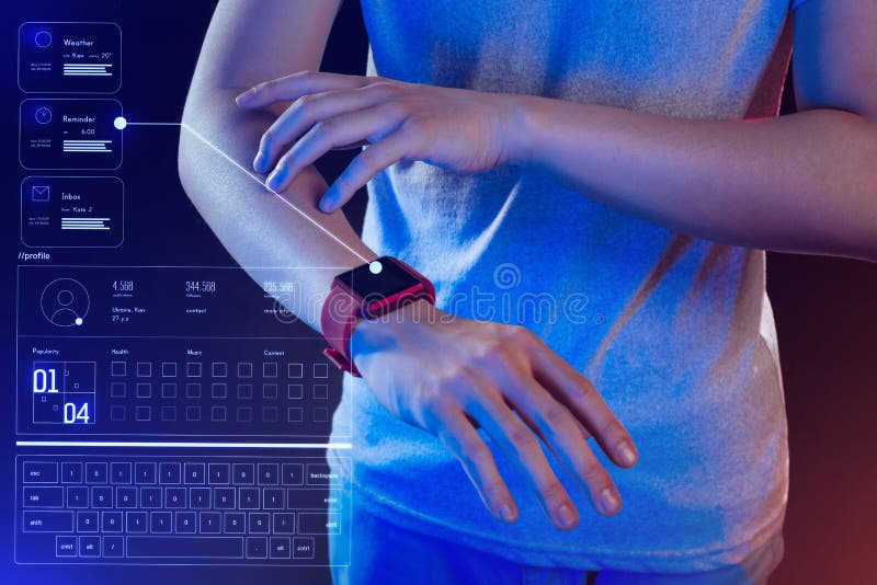 Professional Web Developer Wearing a Smart Watch and Making a Hologram ...