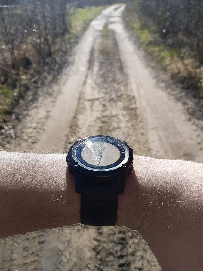 Smart Watch Show the Direction of the Route on the Forest Road Stock ...