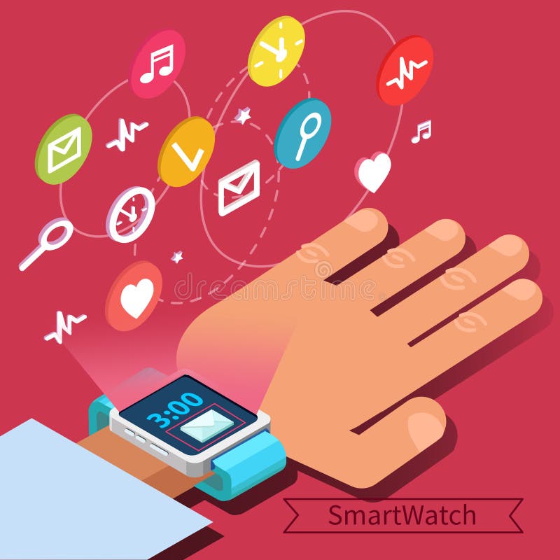 Smart Watch Technology Concept with Hands and Icons Stock Vector ...