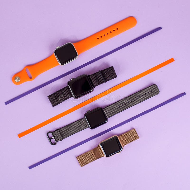 Smart Watches with Different Straps on Colorful Background Stock Image ...