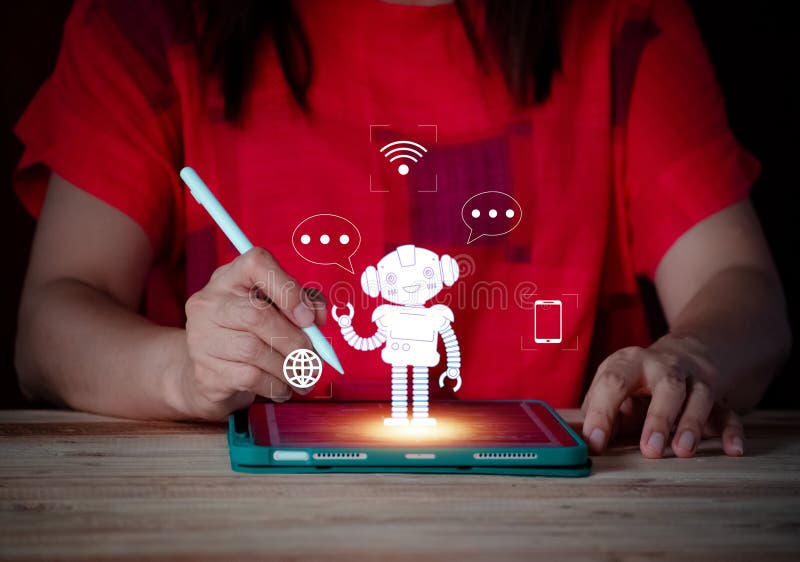 Smart Woman Using Tablet with Artificial Intelligence Icon on Screen ...