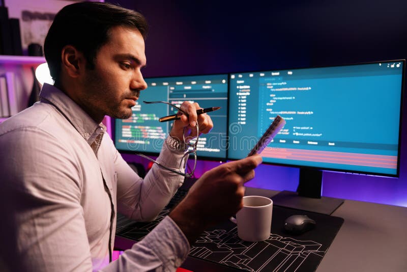 Smart it Working Software Development Coding on Pc with Reading Note. Surmise. Stock Image ...