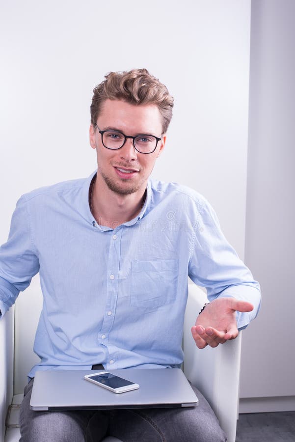 Smart Young Professional in a Negotiation with Computer on His L Stock ...