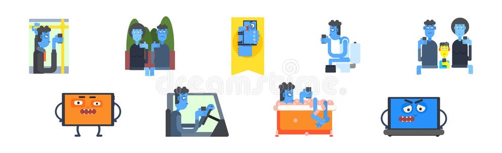 Smartphone Addiction and Bad Habit with Device Using Vector Set Stock ...