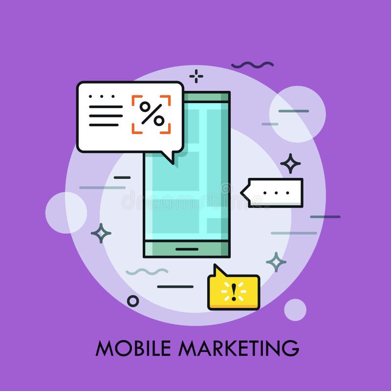 Smartphone with Advertisements on Screen and Speech Bubbles. Electronic ...