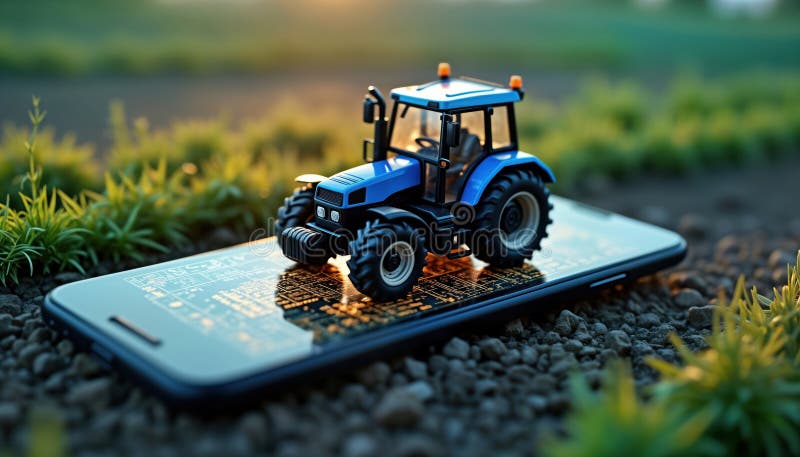 Smartphone App Controls Small Tractor Model on Screen. Modern Farming ...